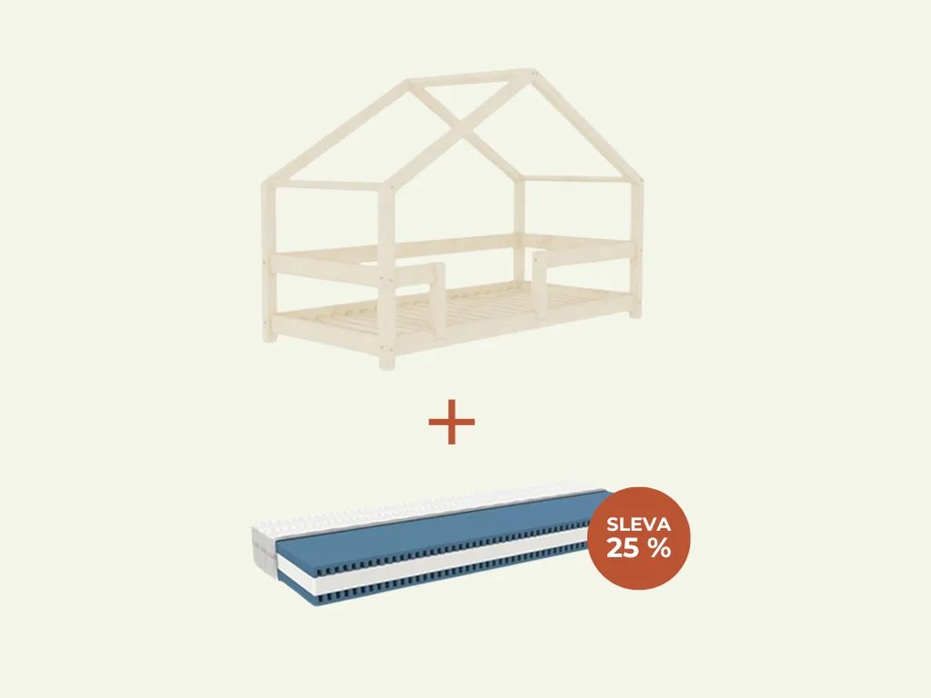 Benlemi Domečková postel LUCKY 120x200 cm + matrace METROPOLIS Zvolte barvu: Pastelově růžová, Zvolte zábranu: Se dvěma zábranami