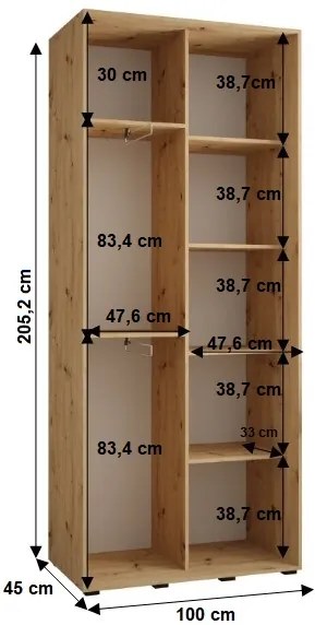 Šatní skříň Sapporo Abika 100/205,2/45 barevné provedení: černý mat + černý mat+ artisan lamely