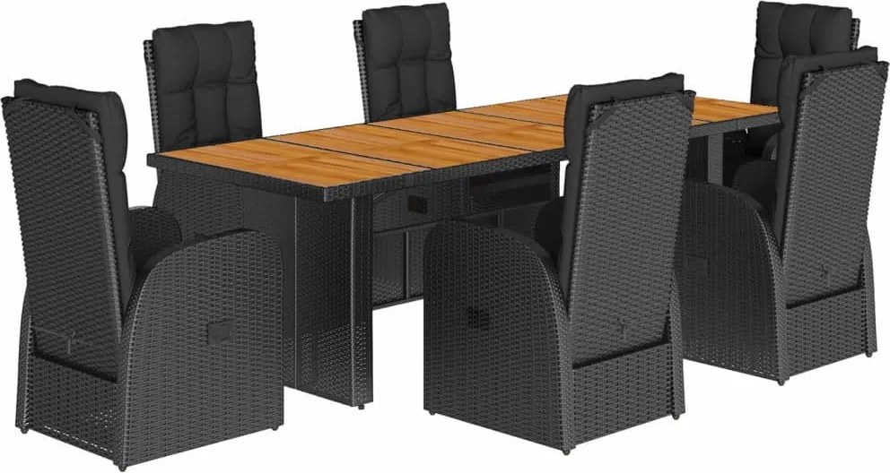 7dílný zahradní jídelní set s poduškami černý polyratan 3277629