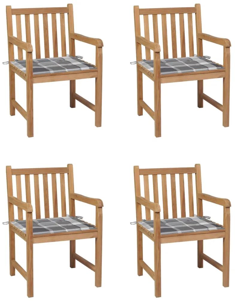 Zahradní židle 4 ks šedé kárované podušky masivní teak,  3073018