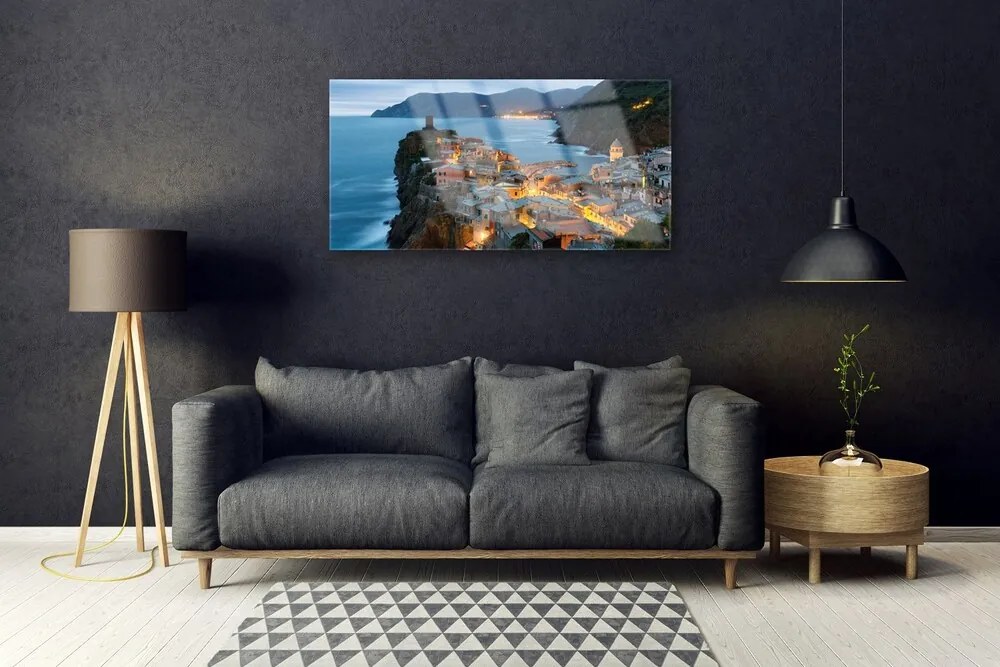 Obraz na skle Moře Město Hory Krajina 120x60 cm
