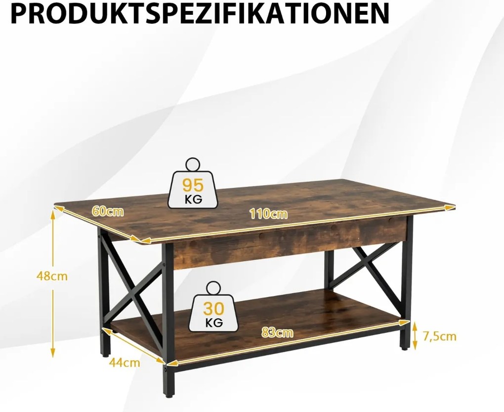 Costway Dvoupodlažní konferenční stolek s kovovým rámem, hnědý