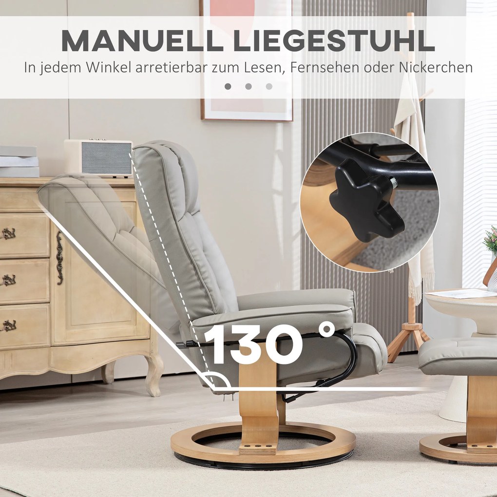 HOMCOM Relaxační křeslo s taburetem, otočné o 360°, naklopitelné o 130°, s funkcí polohování, vysoký opěrák, dřevěný rám, koženka, 76x85x104cm, šedé|…