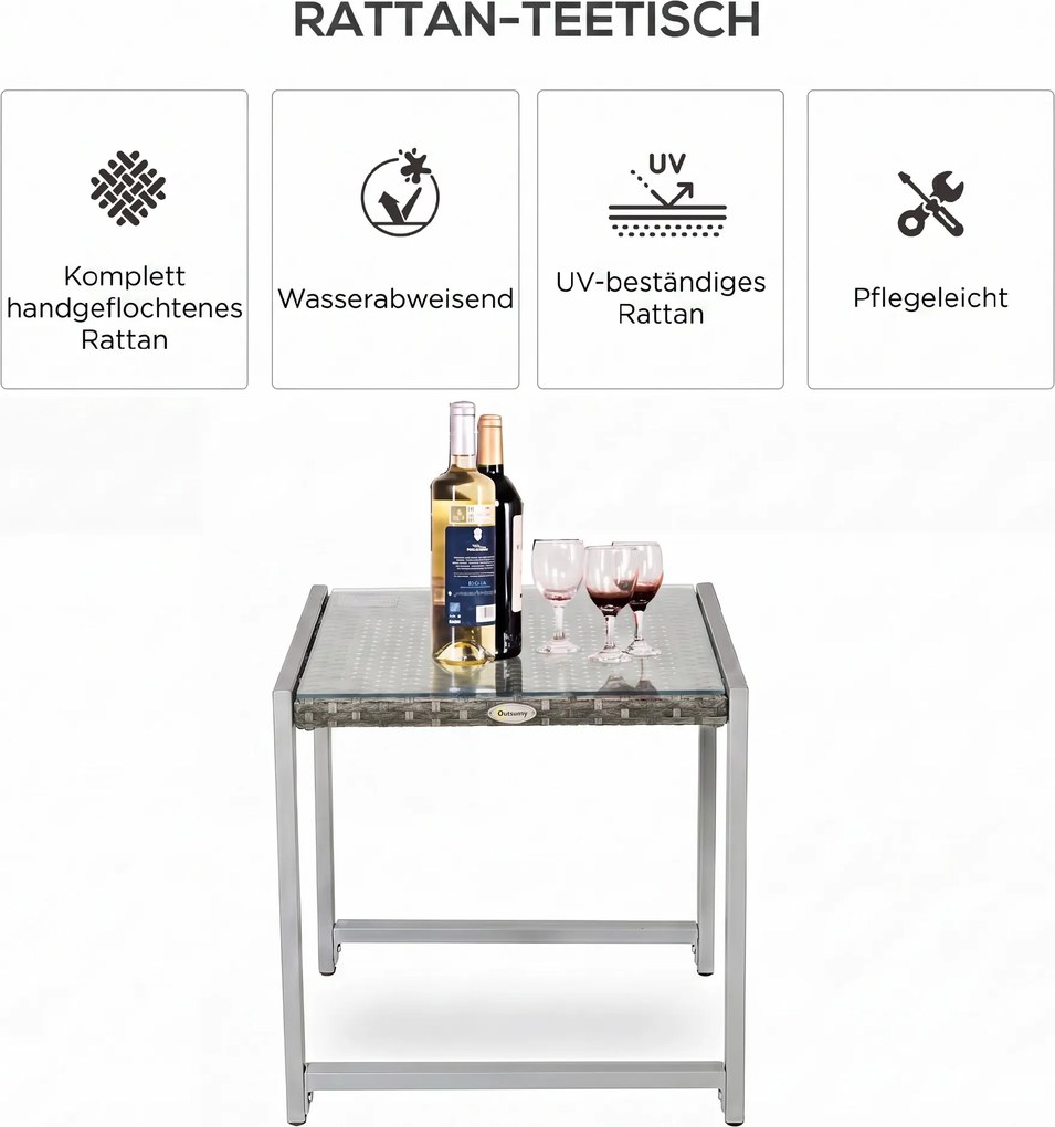 Zahradní stolek Outsunny® s tvrzeným sklem, polyratanem a hliníkem, odolný proti povětrnostním vlivům a moderní pro zahradu, balkon, terasu | Aosom.de