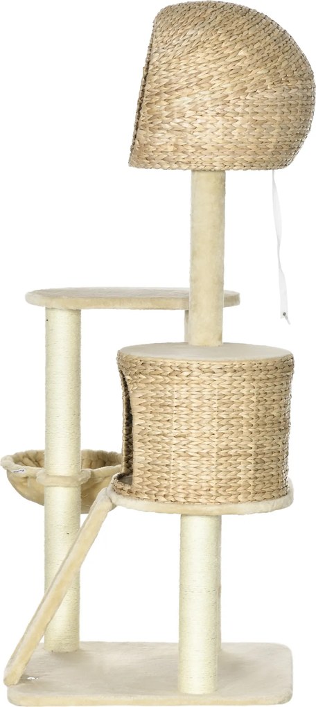 Škrabadlo pro kočky PawHut s ratanovým domečkem, několika plošinami, houpací sítí a rampou, proti převrácení, plyš, béžová, 60 x 150 cm