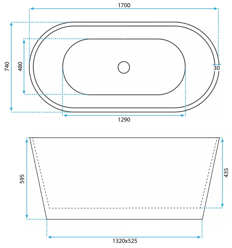 Rea Ofelia, volně stojící akrylátová vana 1700x740x595 mm, bílá lesklá, REA-W0126