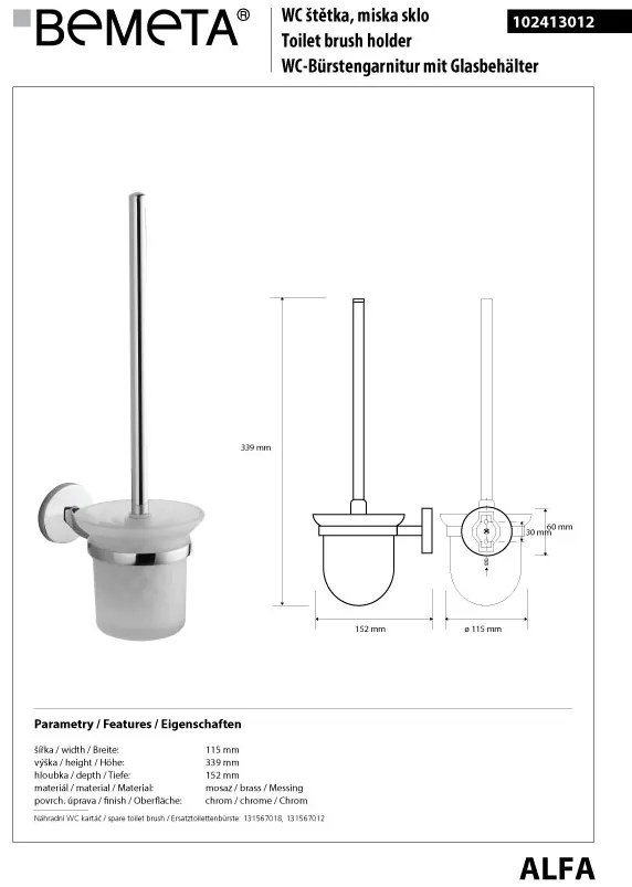 Bemeta Design ALFA: WC štětka, na pověšení, sklo - 102413012