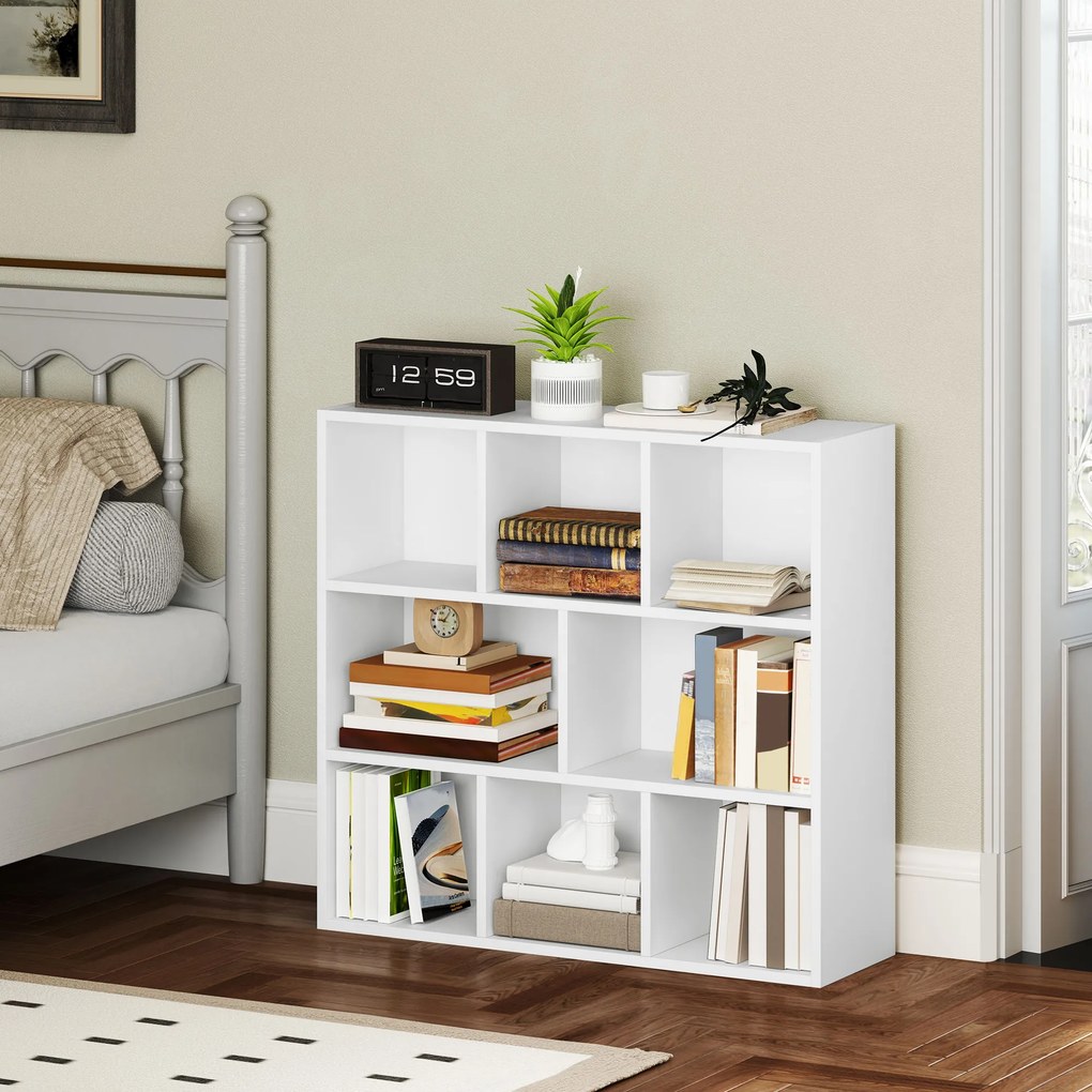 HOMCOM Knihovna se 3 Policemi a 8 Přihrádkami, Vertikální nebo Horizontální Design pro Obývací Pokoj, Kancelář, Ložnici 74,3x24x80 cm Bílá