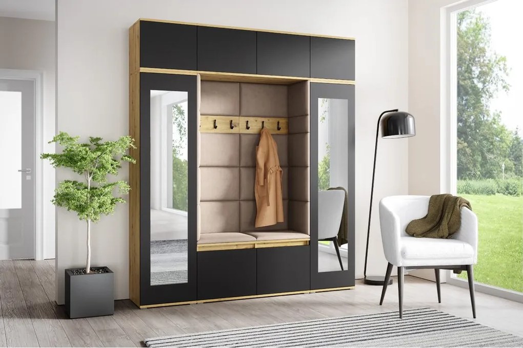 Eka Předsíňová stěna s čalouněnými panely Trinity 32 - Dub Artisan s černou / Tmavá béžová 2305