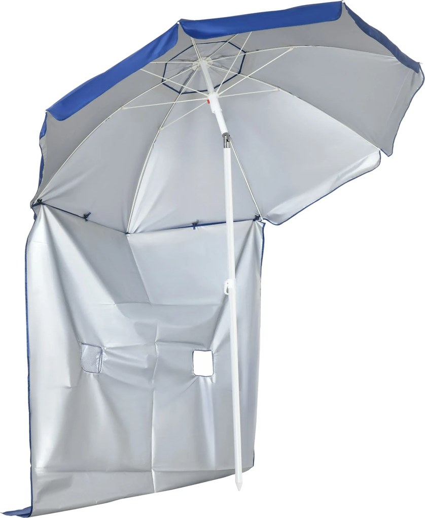 Plážový slunečník Outsunny s bočními panely Ø191x211 cm – slunečník s manuálním ovládáním sklonu, 2 kapsami a 2 okny pro zahradní bazén modrý | Aosom