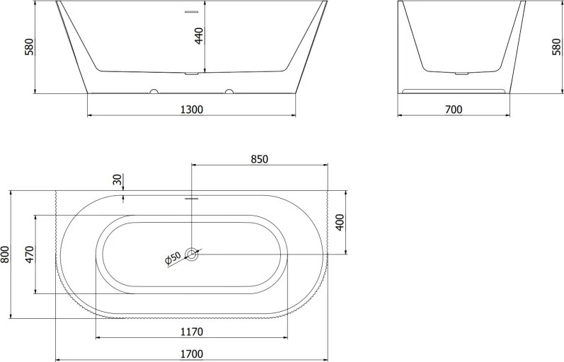 Mexen Oris, volně stojící rýhovaná vana 170 x 80 cm, bílá lesklá, bílý přepad, 52871708000-20