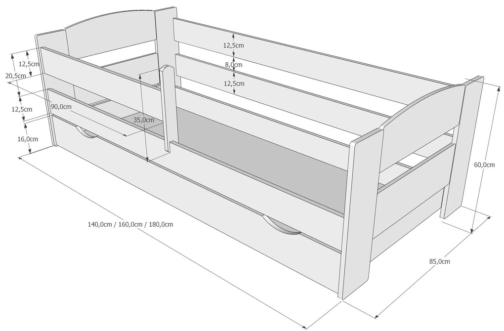 BabyBeds Dětská postel ADAS Velikost postele: 160x80 cm, Barevné provedení: Bílá, Úložný prostor: Ne, bez úložného prostoru Bílá