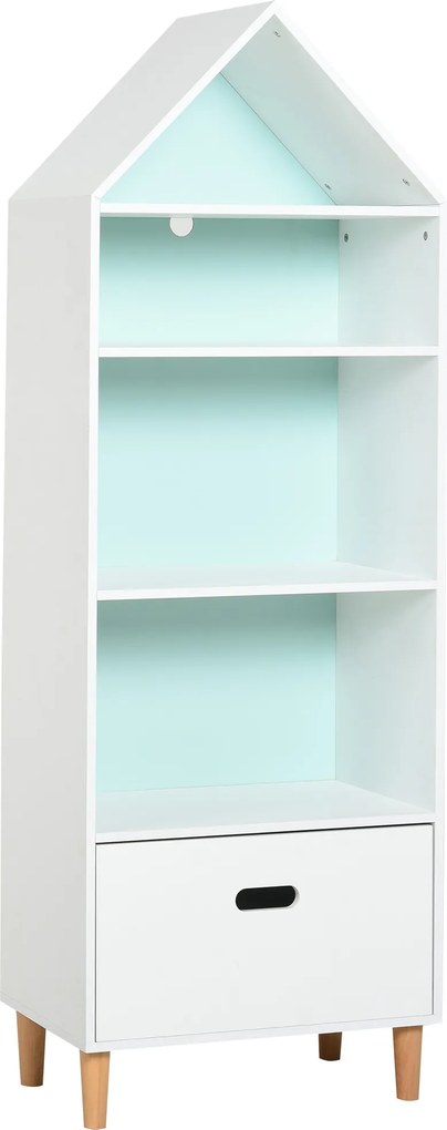 HOMCOM Dětská knihovna Dřevěná knihovna pro děti na knihy, hračky a DVD s 4 policemi a 1 zásuvkou Dvoubarevný kompaktní design 50x30x142 cm Bílá