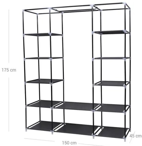 Úložná látková skříň s policemi a šatní tyčí MATIS 150x175 cm černá