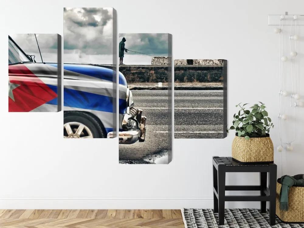 Vícedílný obraz Auto S Kubánskou Vlajkou V Ulicích Havany Nedostatek Nedostatek Plátno Canvas 120x75