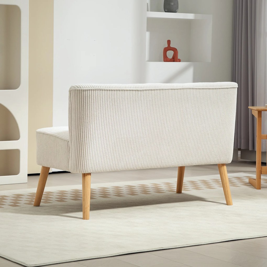 HOMCOM Moderní dvoumístná pohovka bez opěrky se sametovým vzhledem, malá pohovka s dřevěnými nohami, 117 x 56,5 x 77 cm, Krémová