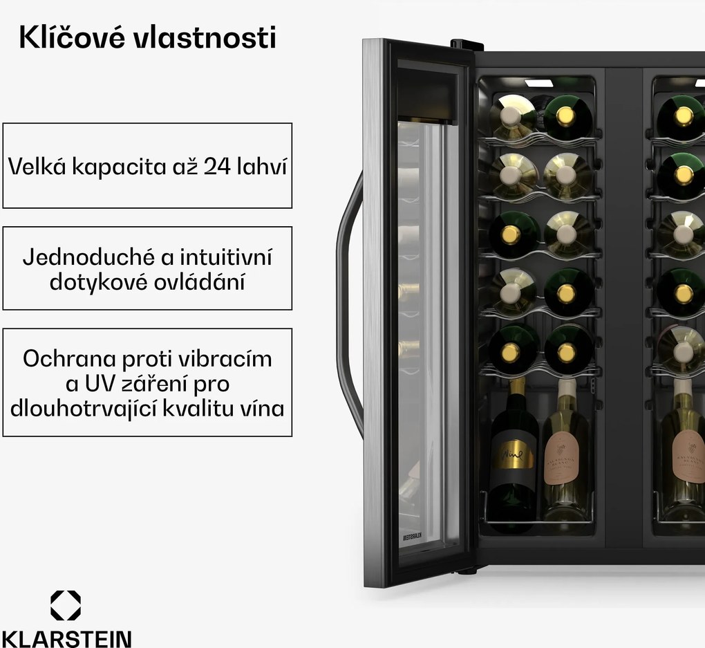 Klarstein Vinamour vinotéka, 2 chladící zóny, 7 polic, dotykové ovládání, UV-ochrana