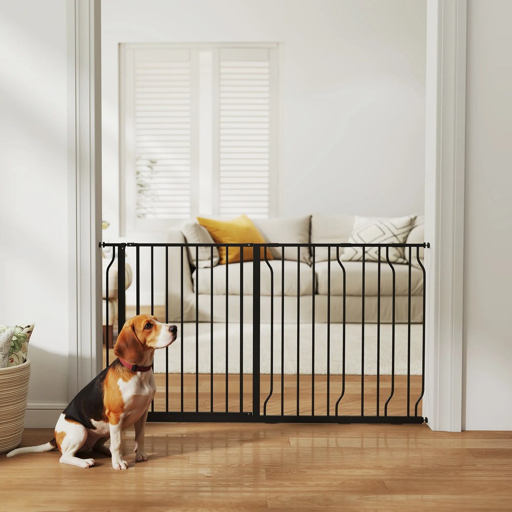 Bezpečnostní branka pro psy PawHut, 75-145 cm, nastavitelná, otevírání do dvou směrů, dvojité zamykání, montáž bez vrtání, ABS, ocel, černá