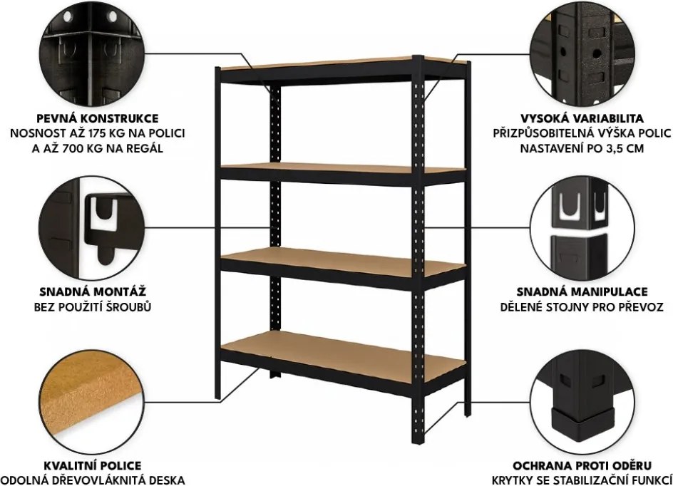 Regál 160x80x40 cm lakovaný 4-policový, nosnost 700 kg - černý
