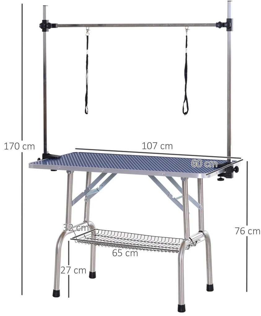 Výškově nastavitelný stůl PawHut se skládacím spodním košem pro psy, nerezová ocel, modrý, 107x60x170cm, ideální pro úpravu psů