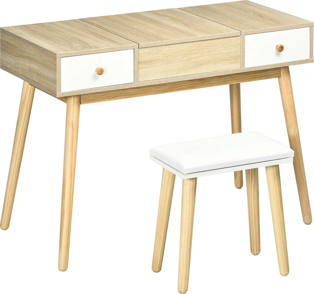 HOMCOM Toaletní stolek s výklopným zrcadlem, toaletní stolek s měkkým polstrovaným taburetem, přihrádkami a šuplíky, nohy z masivního dřeva 100x45x11…