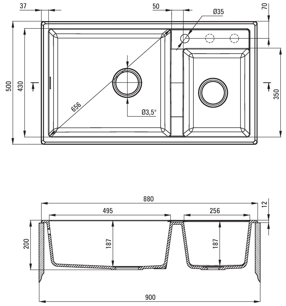 Deante Eridan, granitový dřez na desku 880x500x200 mm, 3,5" + prostorově úsporný sifon, 2-komorový, bílá, ZQE_A20B
