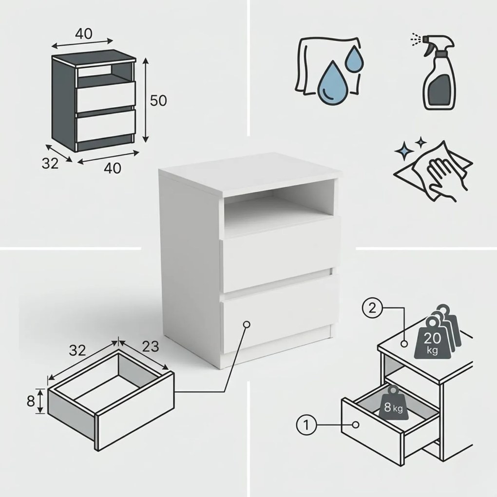 Noční stolek AURI, 40 x 50 x 32, bílý