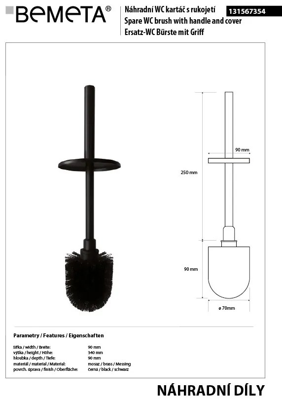 Bemeta Design Náhradní WC kartáč s rukojetí a krytkou pro 102313060, černý -