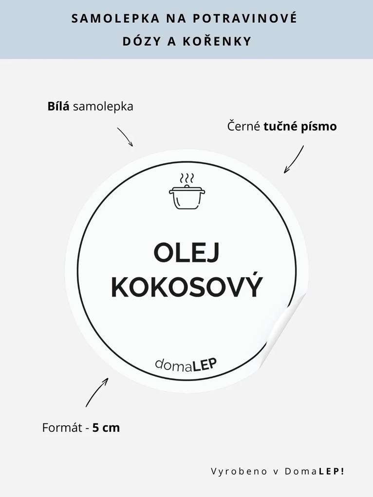 Samolepka na dózu CUKR KOKOSOVÝ – bílá, 5 cm, tučné písmo
