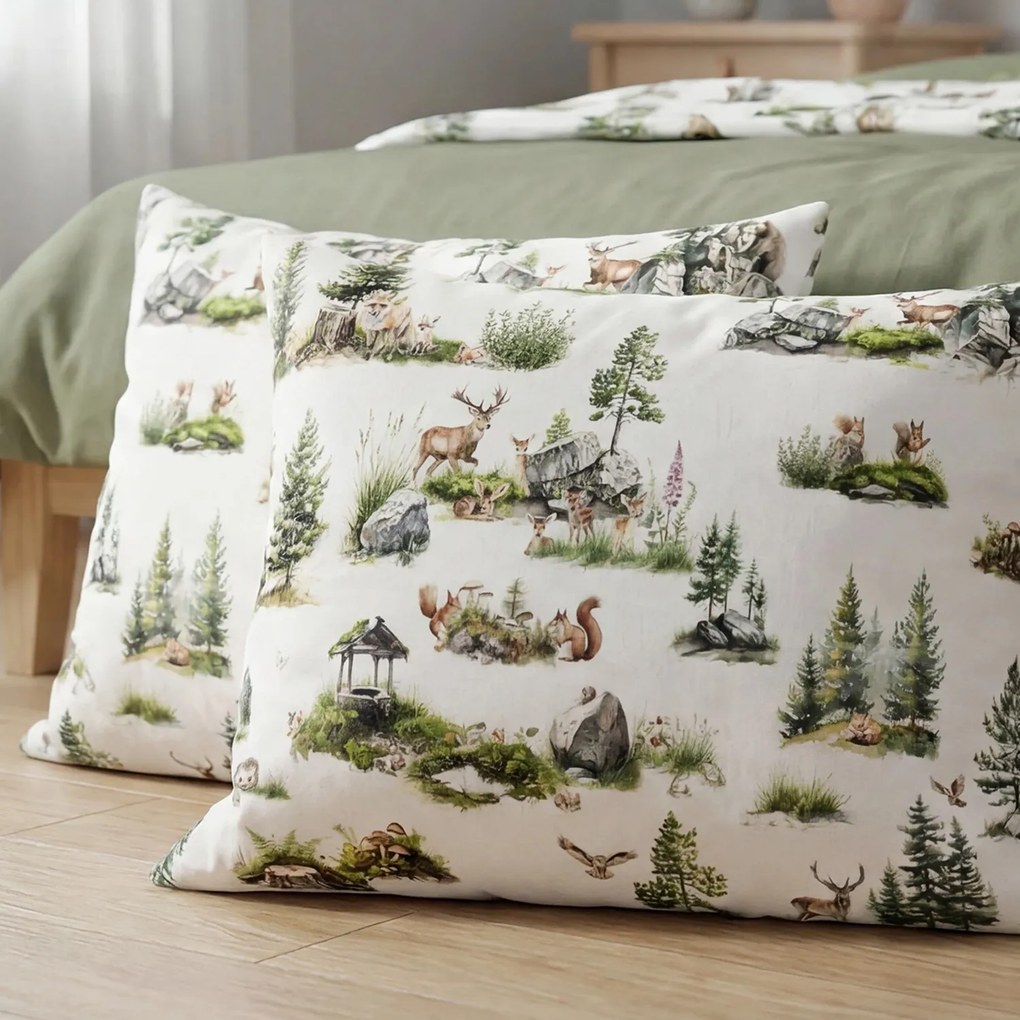 Perkálové bavlněné prodloužené povlečení Zvířátka v divočině lesní zelené - duo Velikost: 140 x 220 + 70 x 90