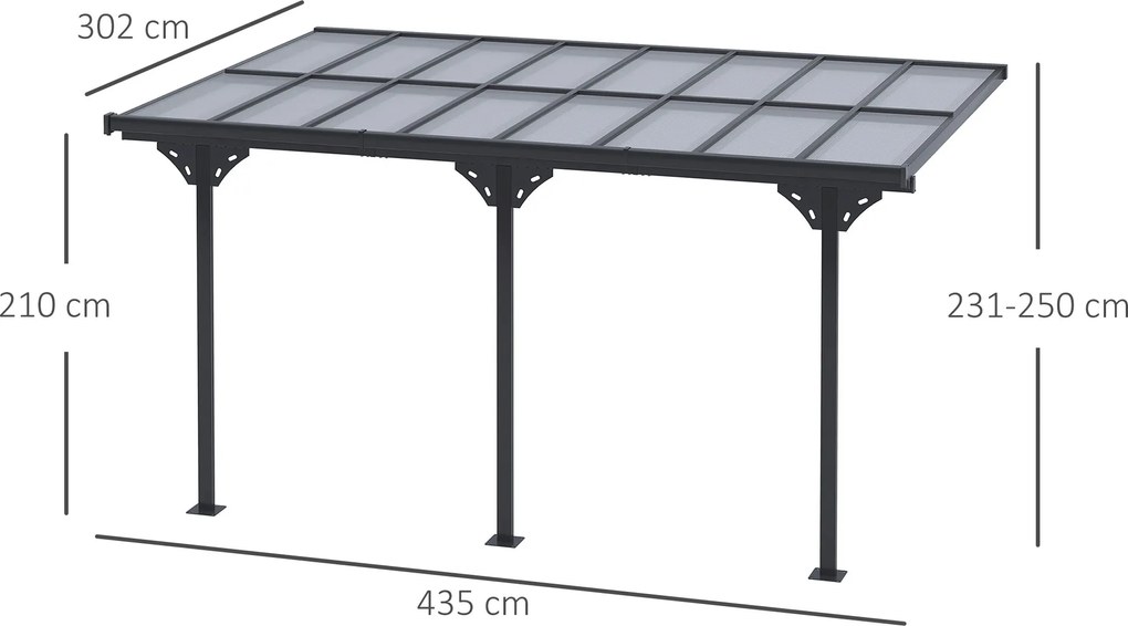 Hliníková pergola ke zdi 4,35 × 3,02 m, zastřešení terasy s polykarbonátovou střechou, výškově nastavitelná, šedá