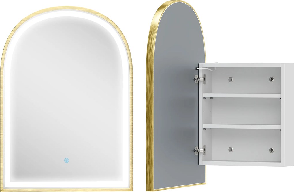 HOMCOM nástěnná koupelnová skříňka se zrcadlem a LED osvětlením, zakřivené dveře, proti zamlžení, 50x14,5x70 cm, zlatá