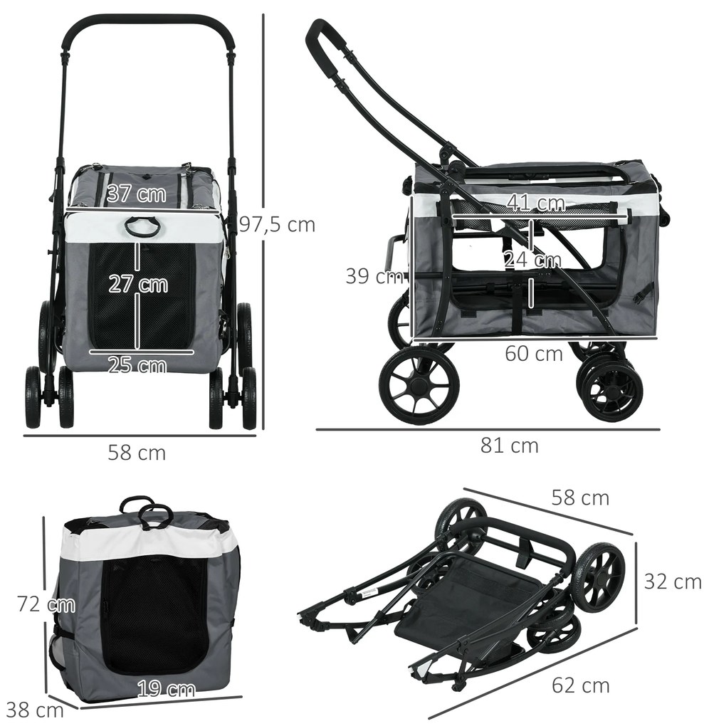 PawHut 2 v 1 kočárek pro psy, kočárek pro domácí mazlíčky, vozík pro psy s odnímatelným košíkem, 2 bezpečnostní vodítka, skládací kočárek pro malé/mi…