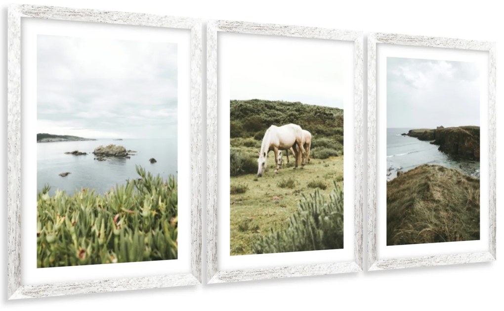 Gario Sada plakátů Pobřežní panorama - 3 dílná Barva rámu: Rustikální, Rozměry: 99 x 45 cm