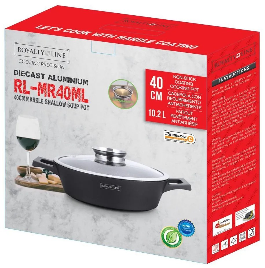 Mělký kastrol s mramorovým povrchem a aromatickou poklicí RL-MR40ML Royalty Line / 40 cm / černá / ZÁNOVNÍ