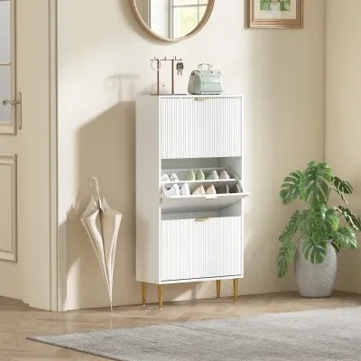 HOMCOM úzký botník se 3 žebrovanými dveřmi a nastavitelnými policemi pro 18 párů bot, 60x24x128 cm, bílý