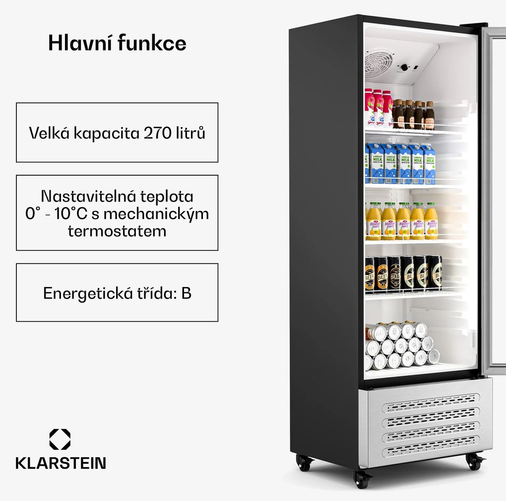 Klarstein Chladnička na nápoje, 270 l, LED osvětlení, s kolečky, 4 police