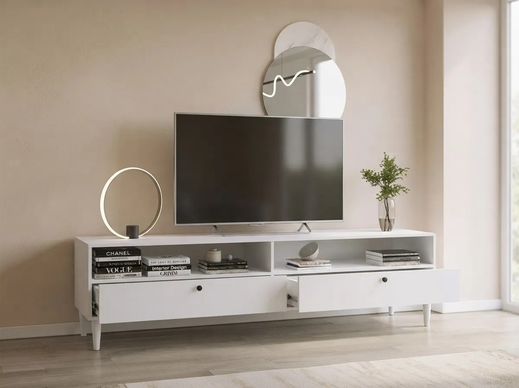 TV stolek s policí a skříňkami DULLUM 200x58cm, bílý