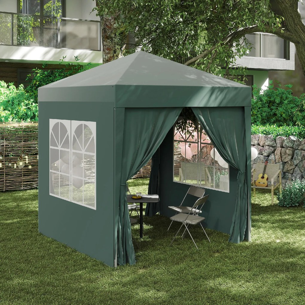 Outsunny skládací pavilon, pivní stan, 4 odnímatelné boční stěny, 2 okna, kovový rám, 2 x 2 m, tmavě zelená