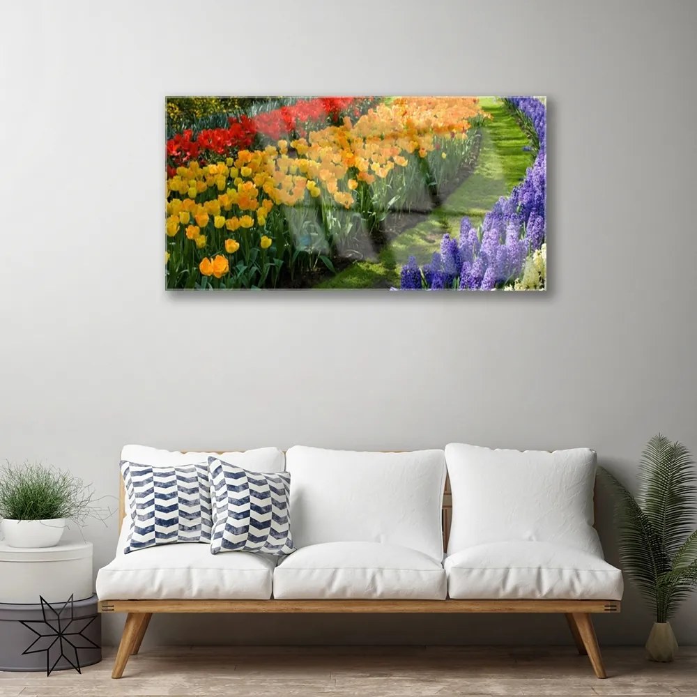 Obraz na skle Květiny Zahrada Tulipány 100x50 cm