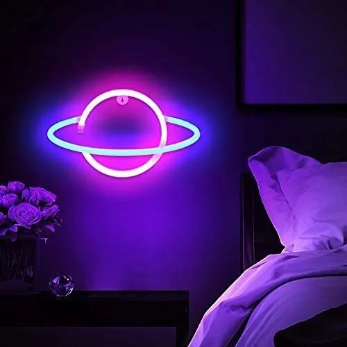 ACA Lighting Neonová lampička - Saturn, 3x AA baterie/USB kabel, IP20, modrá + růžová barva