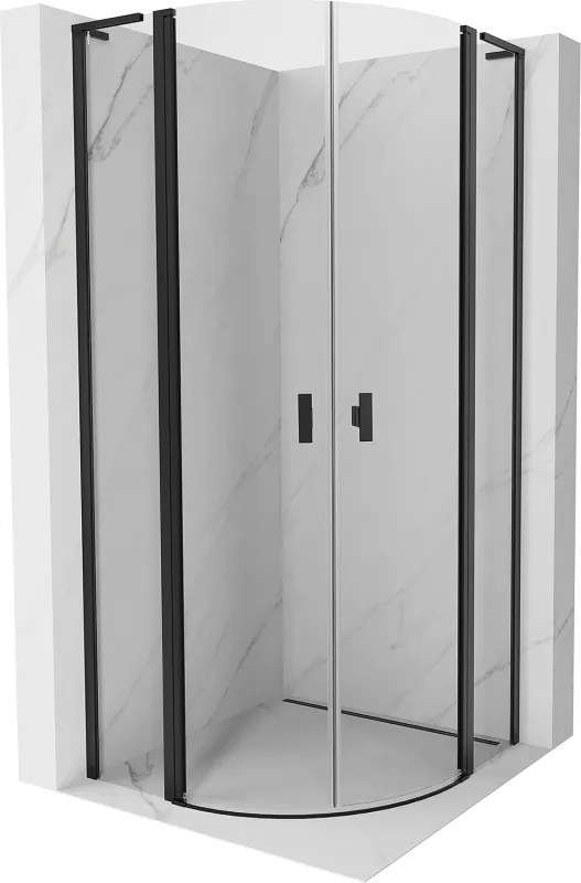 Mexen Mist L, čtvrtkruhový sprchový kout s 2-křídlými dveřmi, 90 x 90 cm, 8mm čiré sklo, černý profil, 8A32L-090-090-70-00