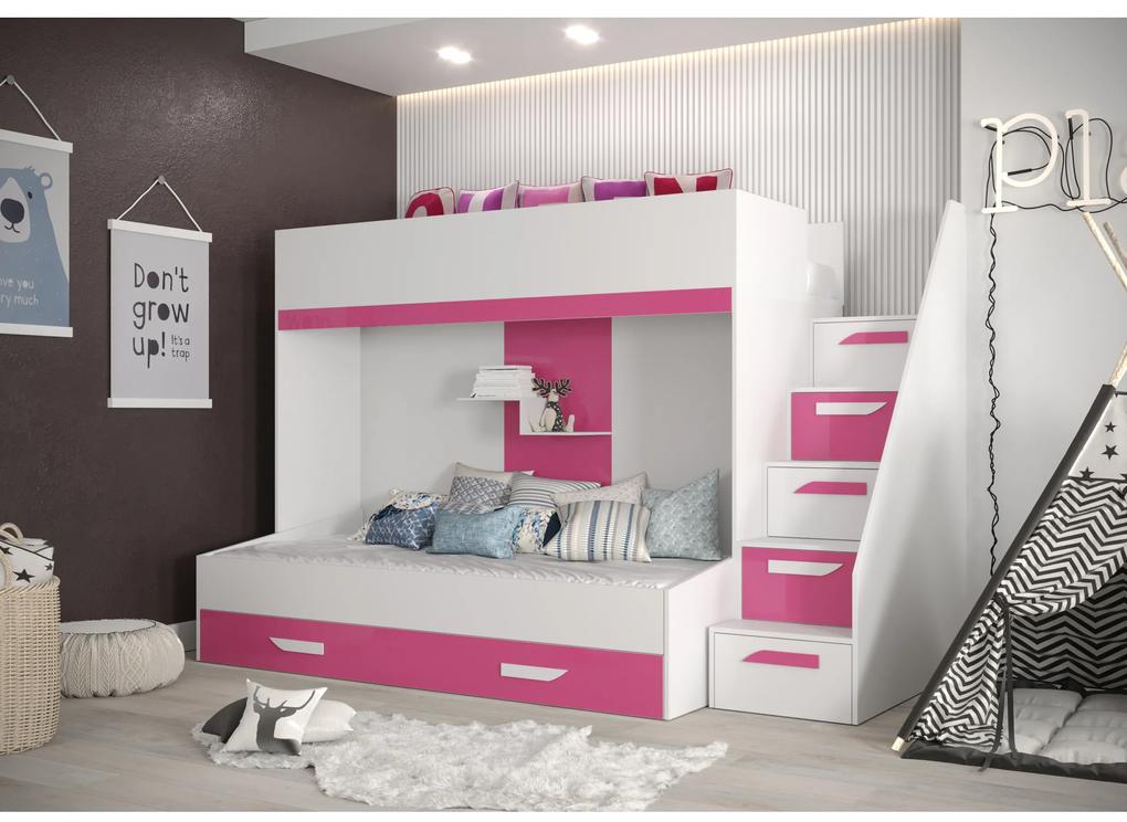 Dětská kombinovaná postel 90 cm Puro 16 (matná bílá + bílý lesk + růžový lesk). 1087104
