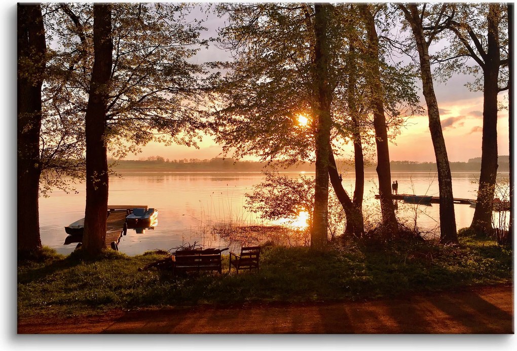 Obraz do ložnice Krajina Pohled Západ slunce nad jezerem Most 60x90