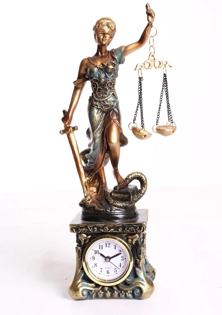 Socha spravedlnosti JUSTICE s hodinami L-552 - staré zlato (26x7x7 cm) |  Sousedé
