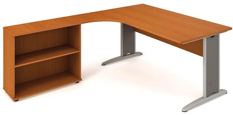 HOBIS Rohový kancelářský psací stůl SELECT s policemi, 1800 x 2000 mm, pravý, třešeň