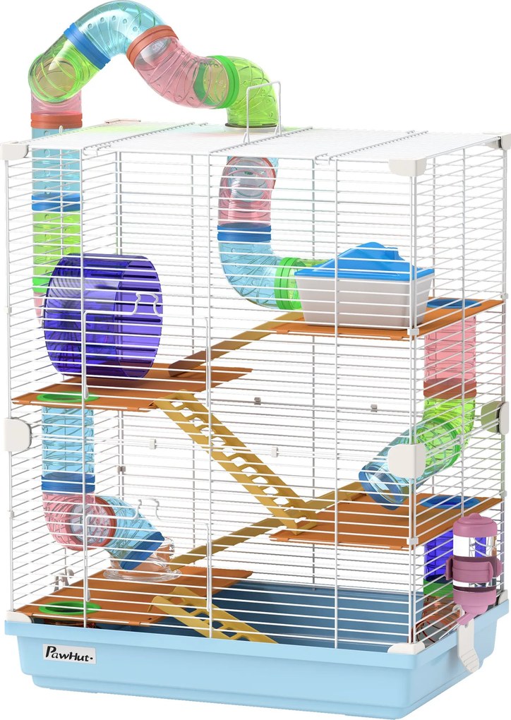 PawHut klec pro křečky na 5 úrovních s trubkami, kolem, žebříkem, domkem a lahví, kov, PP a PS, 46x30x58 cm, Modrá