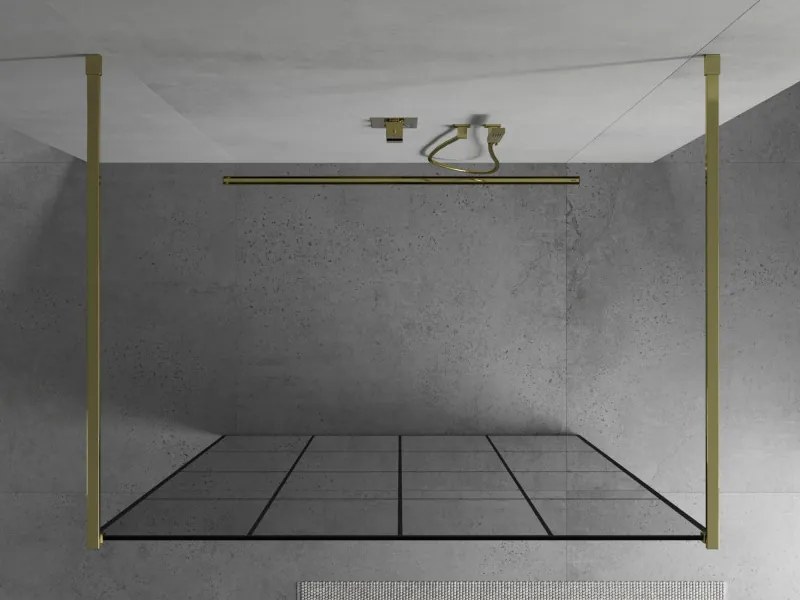 Mexen Kioto, průchozí sprchová zástěna 130 x 200 cm, 8mm sklo čiré/černý vzor, 2x zlatá stabilizační rozpěra, 800-130-002-50-77
