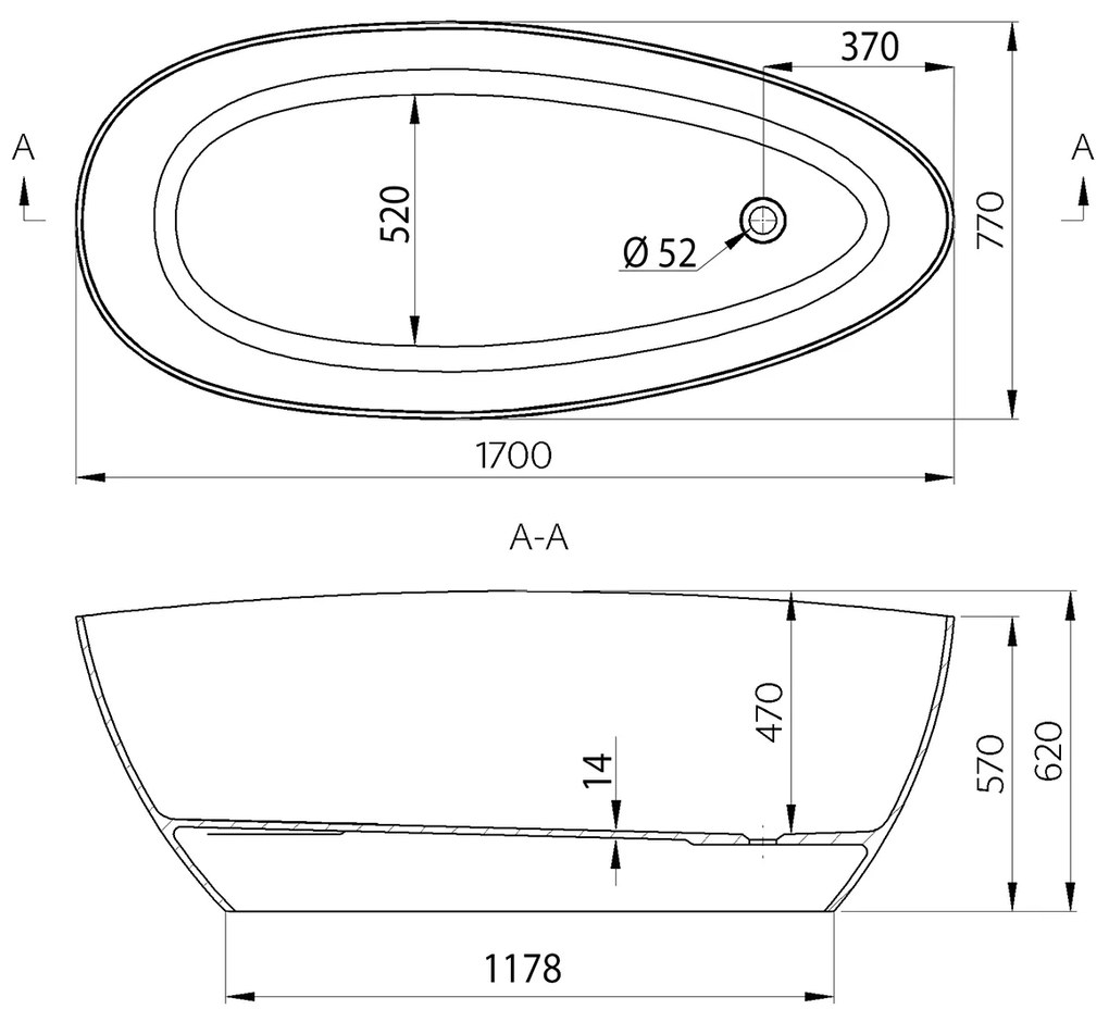 Gelco, ELIPSIE - vana, 1700x770x620mm, litý mramor, objem 330l, bílá lesk, GVEL1700