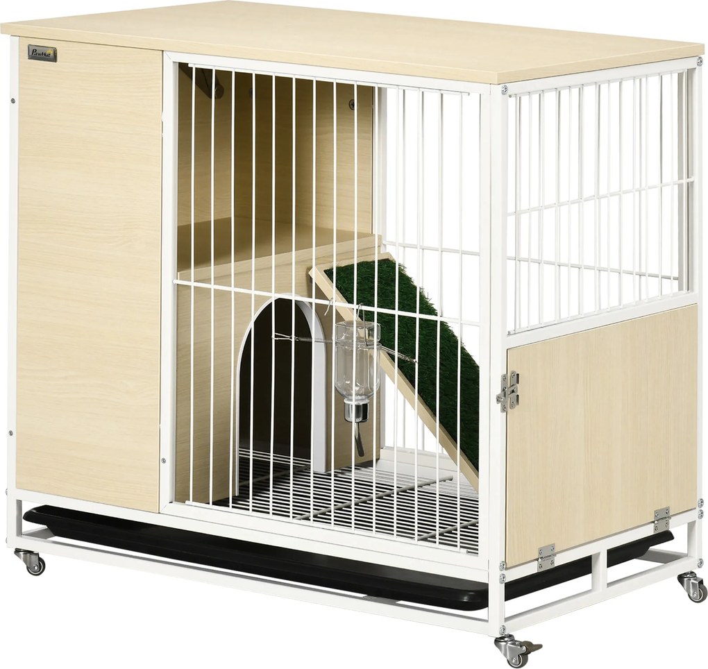 PawHut Klec pro králíky na kolečkách s otevírací střechou, podlážkou a odnímatelným šuplíkem - Přírodní 78 x 52,5 x 76,5 cm